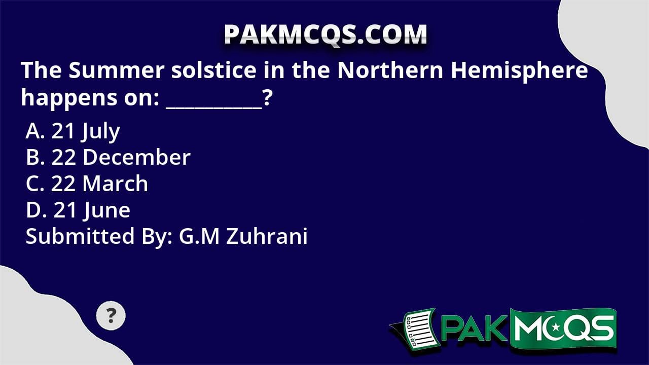 The Summer solstice in the Northern Hemisphere happens on ...