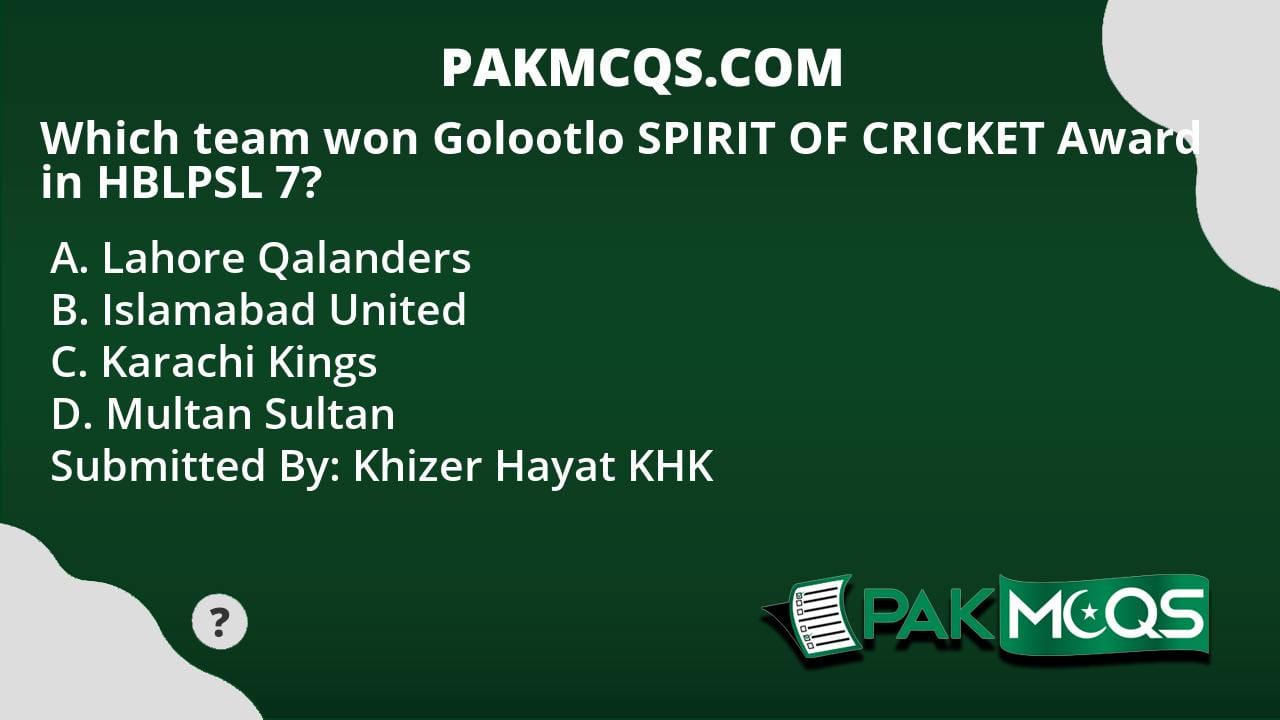 Which team won Golootlo SPIRIT OF CRICKET Award in HBLPSL 7? - PakMcqs